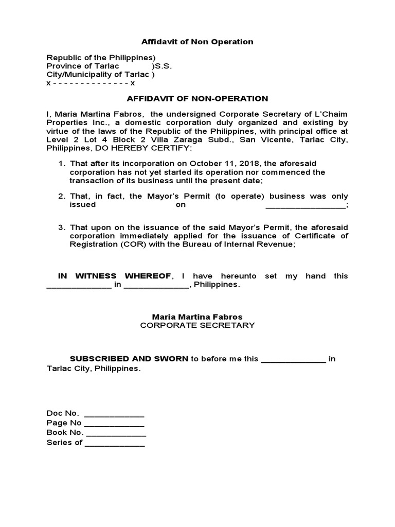Affidavit of Non Operation | PDF | Law