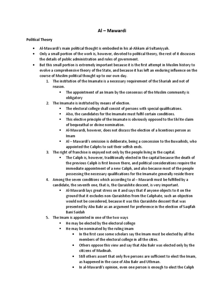 Al - Mawardi: Political Theory | PDF | Caliphate | Shia Islam