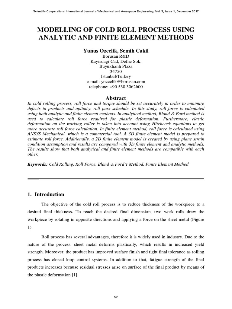 Modelling Of Cold Roll Process Using Analytic And Finite Element Methods Pdf Rolling