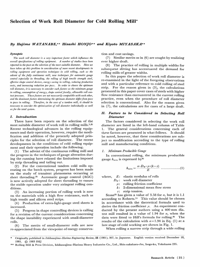 Selection of Work Roll Diameter For Cold Rolling Mill : A.dw.,. (K-S ...
