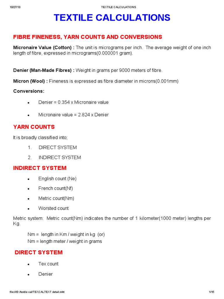 Textile Yarn Count and Conversion Guide | PDF | Weaving | Textile Arts