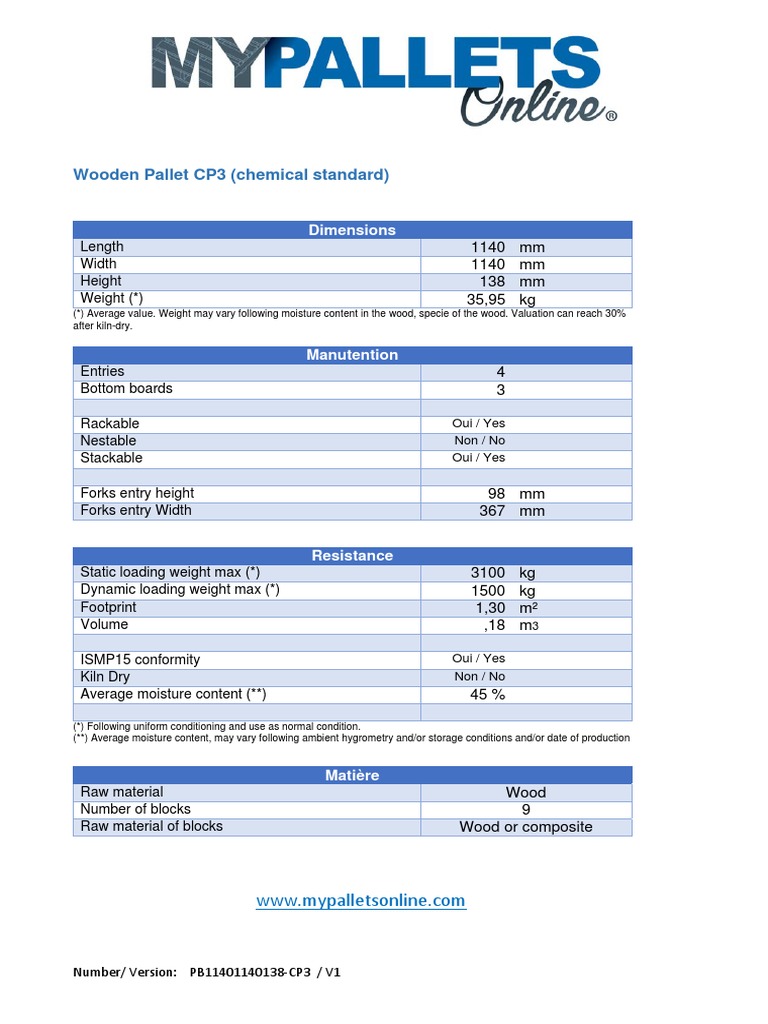 Technical Specifications Wooden Pallet CP3 EN | PDF | Pallet | Materials
