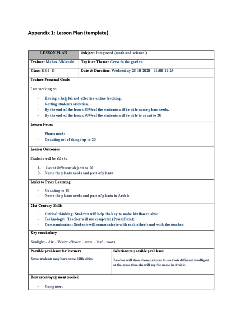 Appendix 1: Lesson Plan (Template) : Integrated (Math and Science | PDF ...