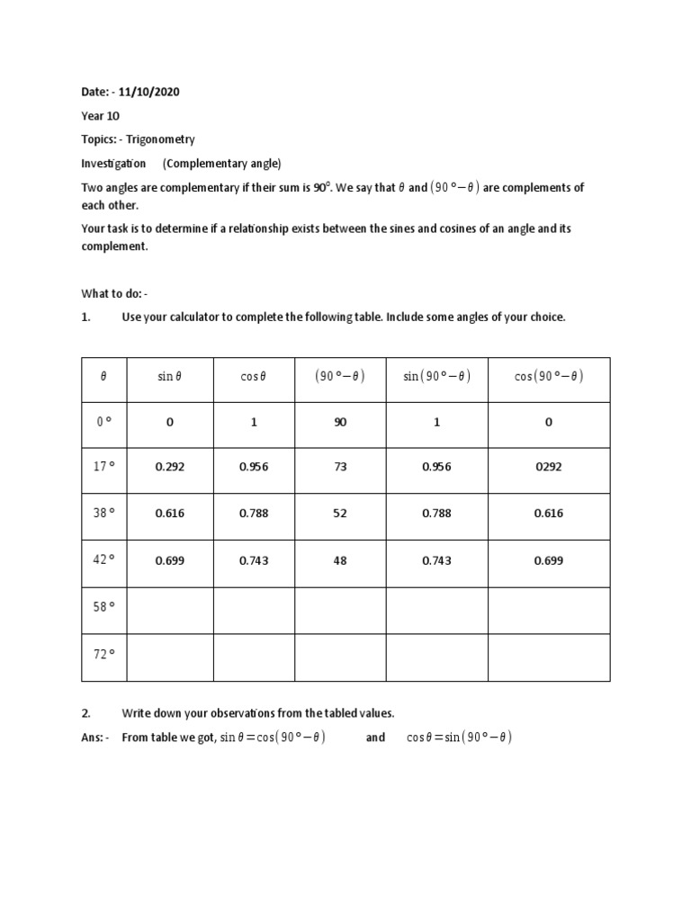 Investigation (Complementary Angle) | PDF | Trigonometric Functions | Sine