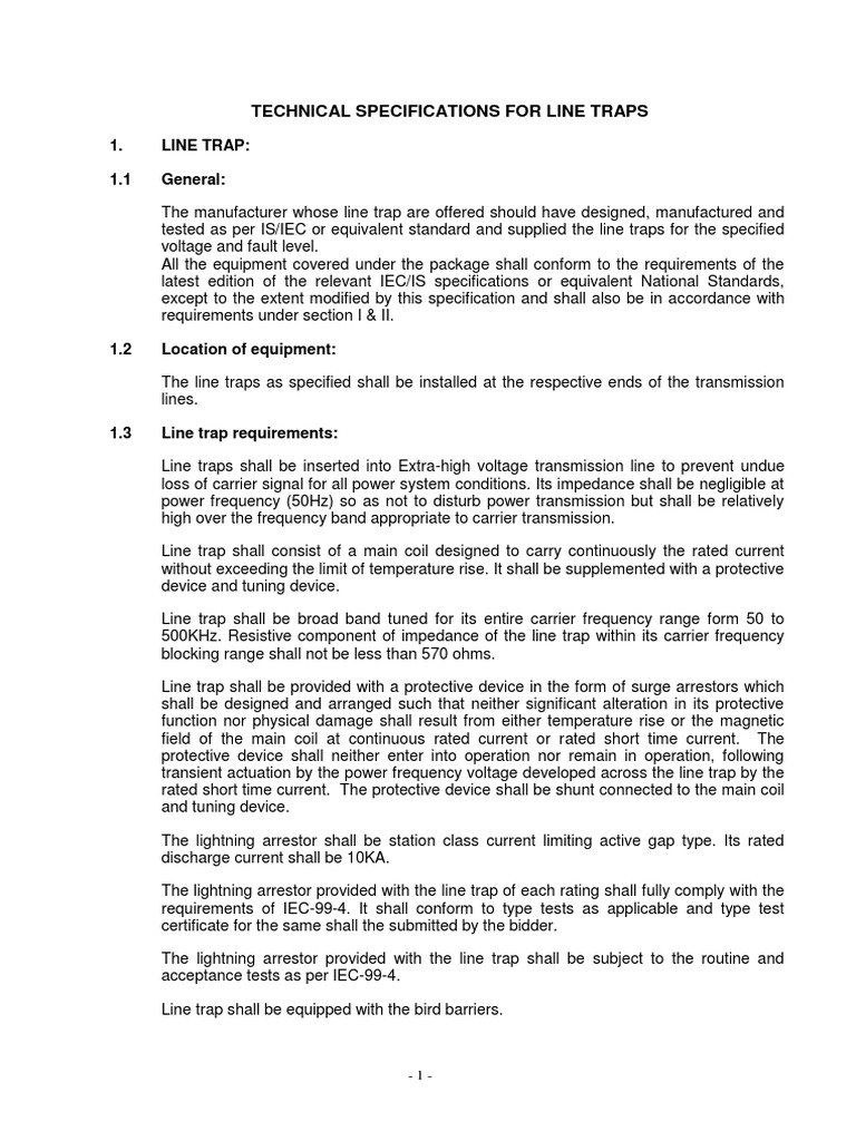 Technical Specifications For Line Traps | PDF | Inductor | Transformer
