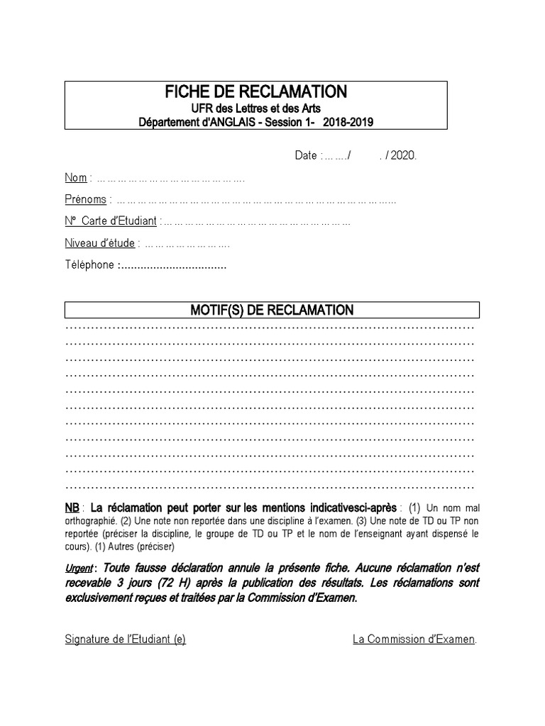 Ang Fiche de Reclamation 2018-2019) | PDF | Technologie et ingénierie