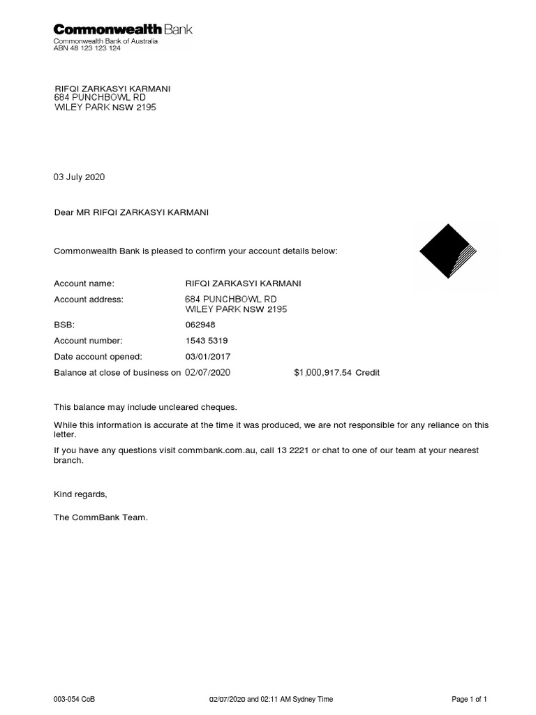 1 Million Dollar Balance Confirmation | PDF