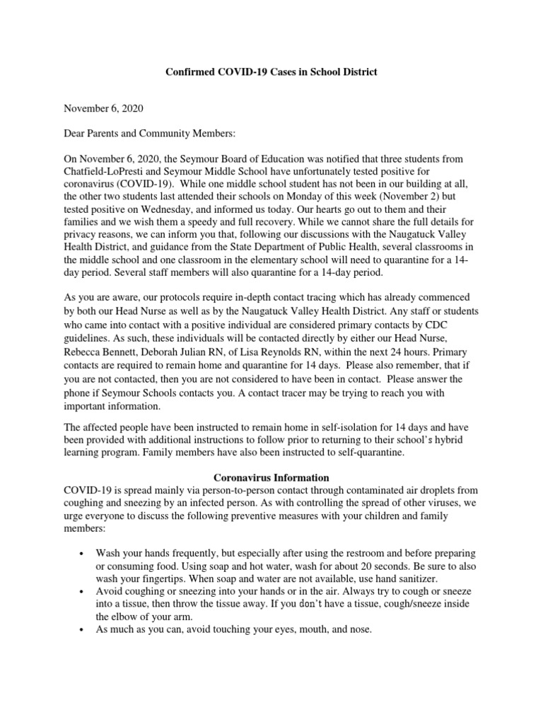 Seymour Schools Nov 6 COVID Letter | PDF | Diseases And Disorders ...