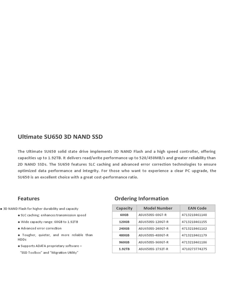 Adata Datasheet Ultimate SU650 | PDF | Solid State Drive | Flash Memory