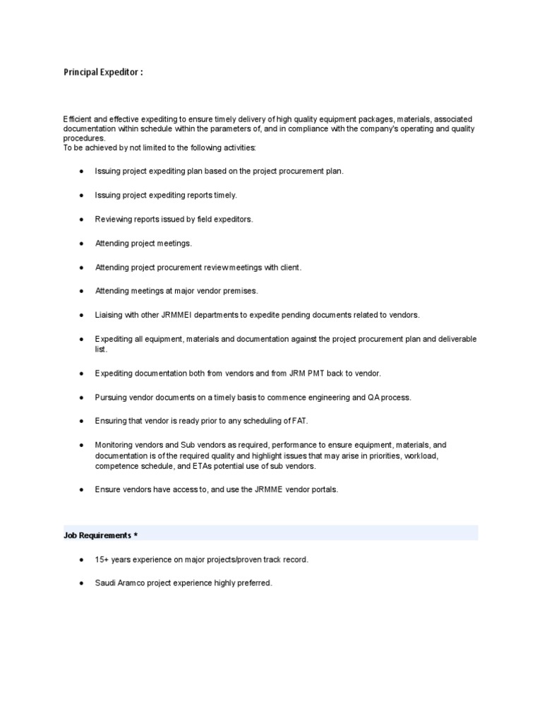 JD - Principal Expeditor | PDF | Business | Computers