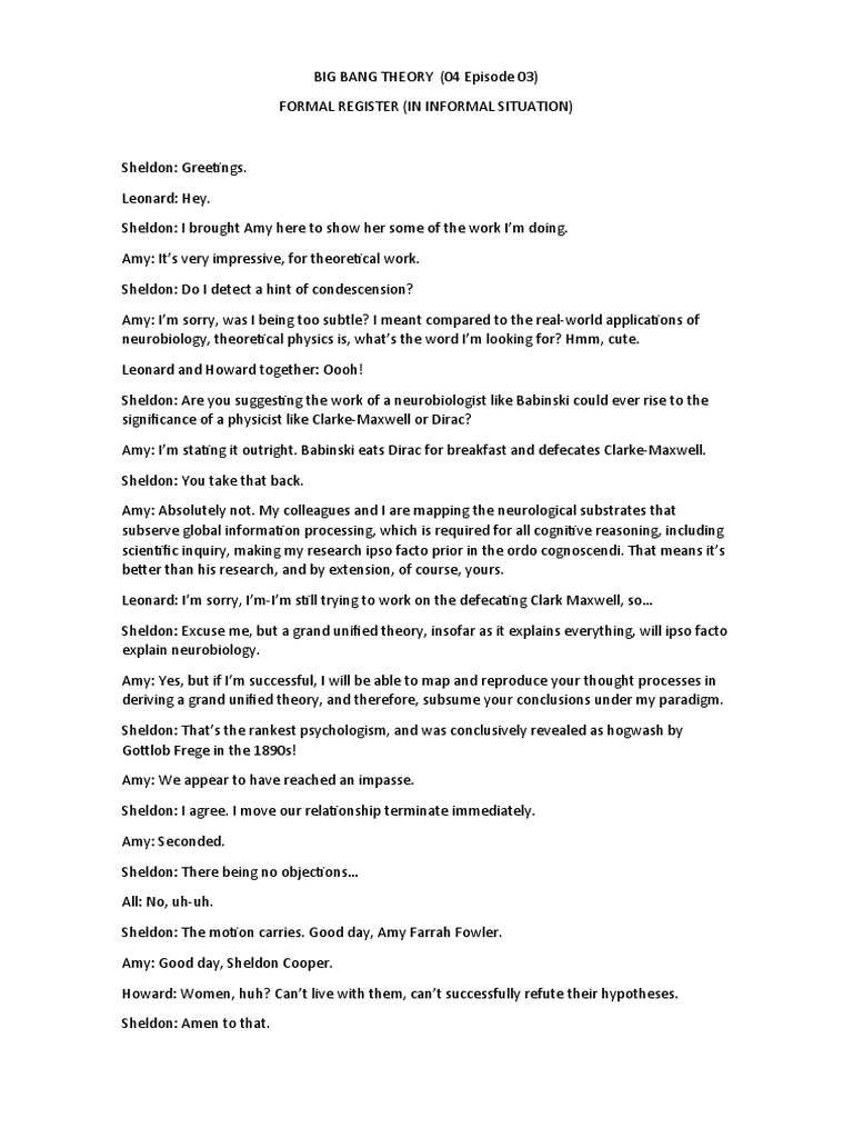 Formal Register BIG BANG THEORY Script | PDF