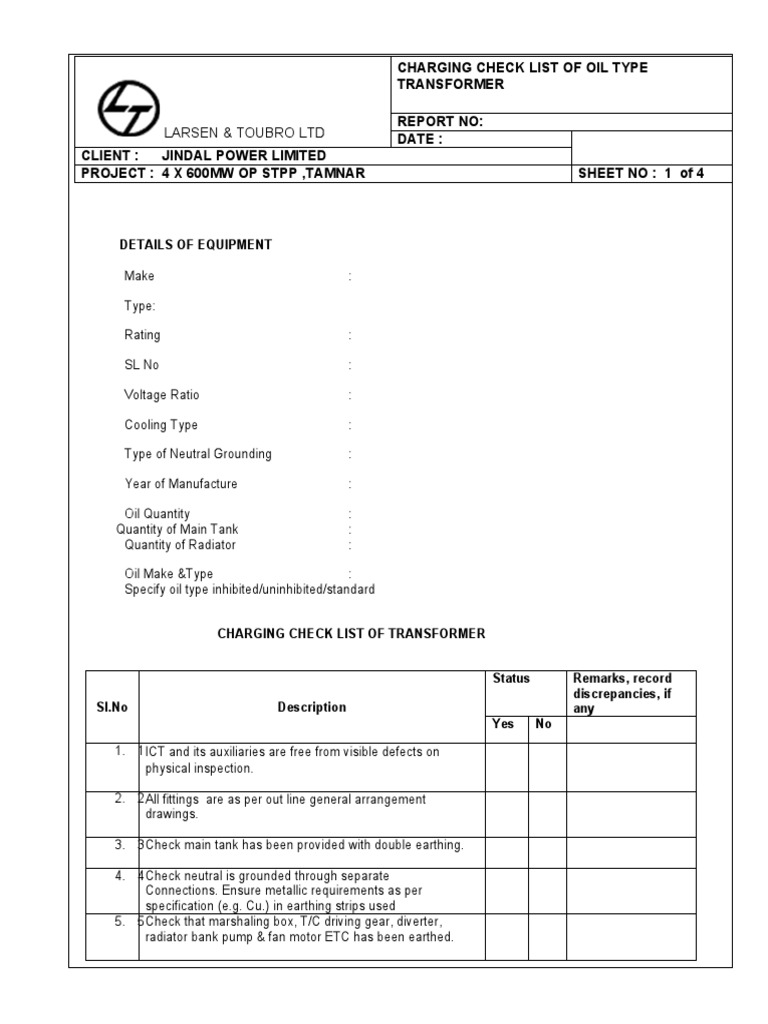 Pre Commissioning Oil Type Transformer | PDF | Transformer | Electricity