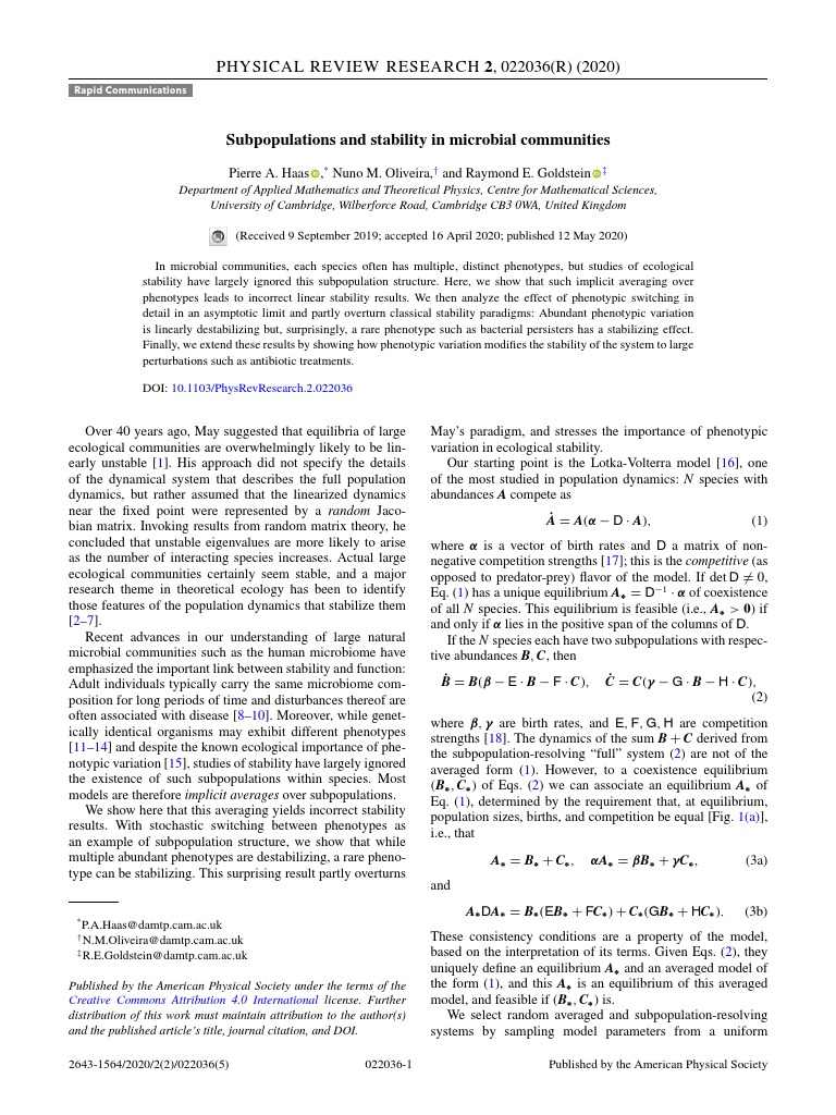 Subpopulations and Stability in Microbial Communities: PHYSICAL REVIEW ...