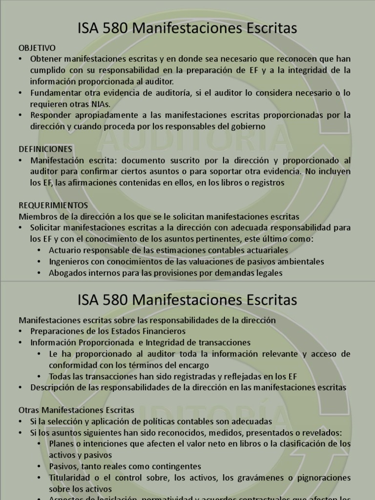 ISA 580 Manifestaciones Escritas | PDF | Contralor | Actuario
