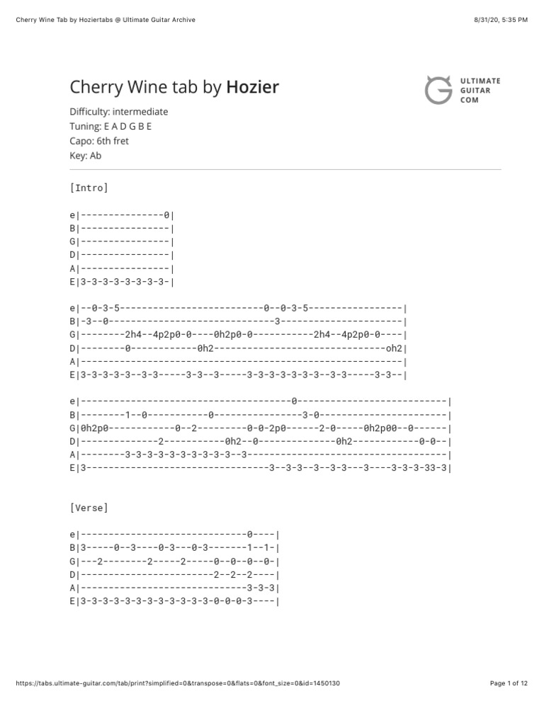 Cherry Wine Tab by Hoziertabs at Ultimate Guitar Archive PDF | PDF ...