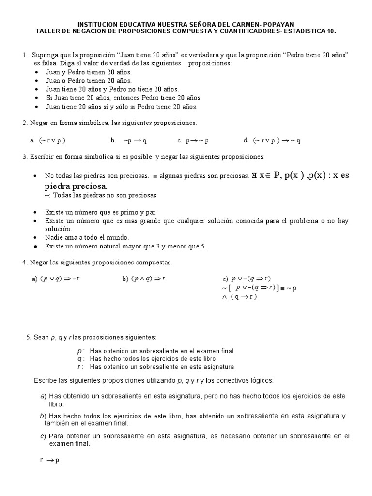Taller de Negacion de Proposiciones Compuestas y Cuantificadores | PDF | Proposición | Sintaxis ...