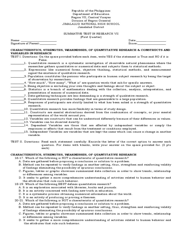 Summative Test in Research Vii - First Quarter1 | PDF | Quantitative ...