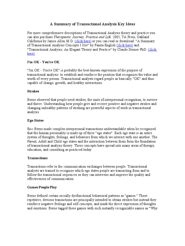 A Summary of Transactional Analysis Key Ideas | PDF | Psychotherapy ...
