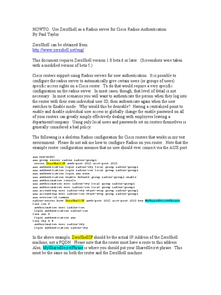 ZeroShell Cisco RADIUS | PDF | Radius | Router (Computing)