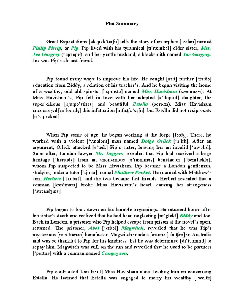 Philip Pirrip Pip Mrs. Joe Gargery Joe Gargery: Plot Summary | PDF ...