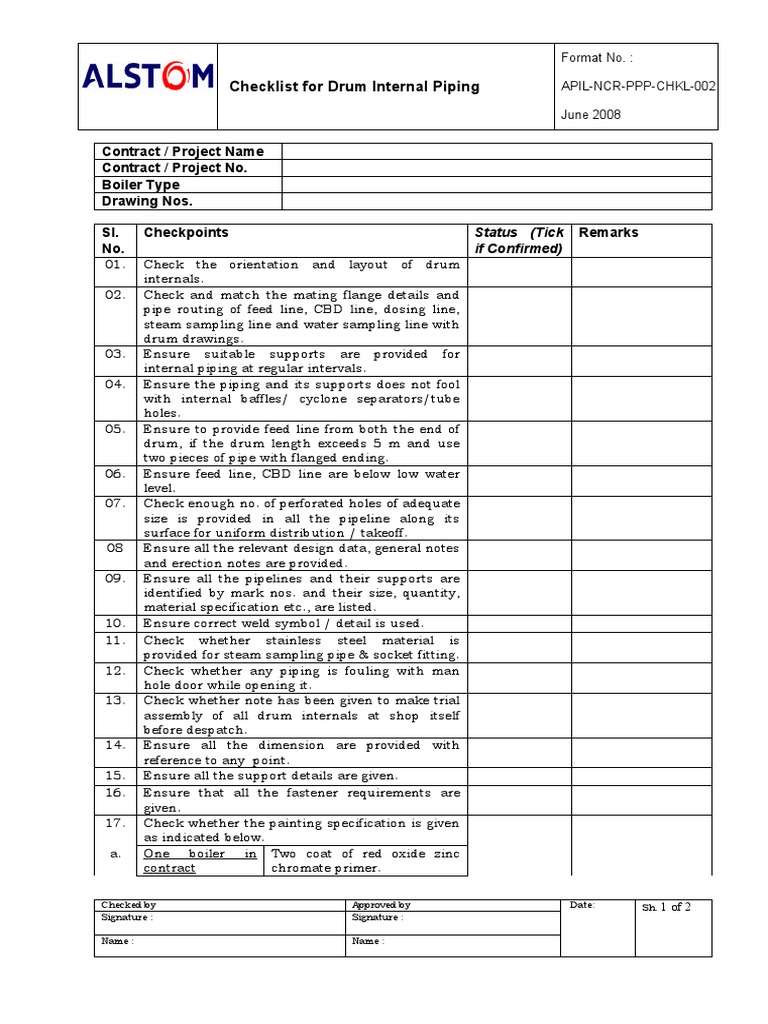 Checklist For Drum Internal Piping | PDF | Pipe (Fluid Conveyance) | Boiler