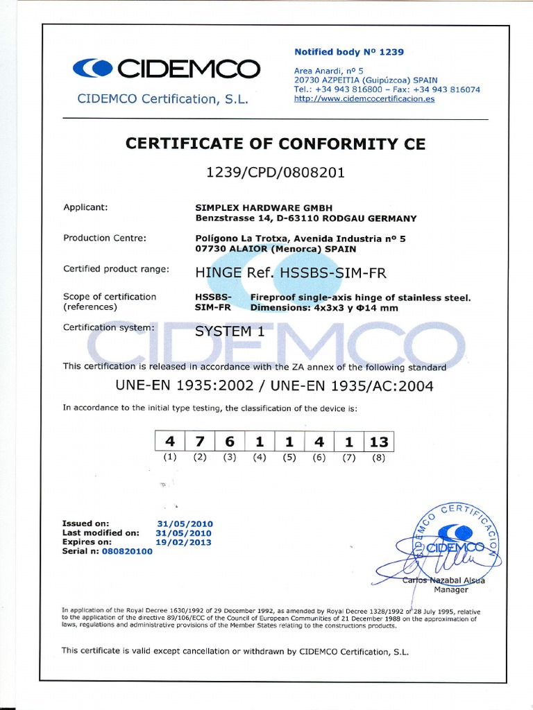Simplex UNE-EN (All Certificates) PDF | PDF