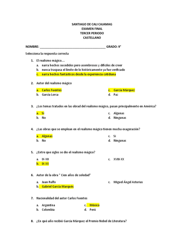 Examen Final Castellano | PDF | Gabriel García Márquez | Realismo literario