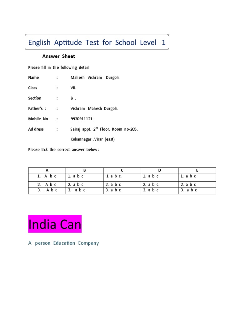School Level 1 English Aptitude Test | PDF