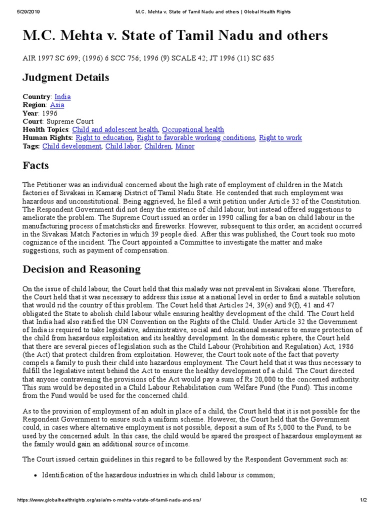 M.C. Mehta v. State of Tamil Nadu and Others - Global Health Rights | PDF | Child Labour ...