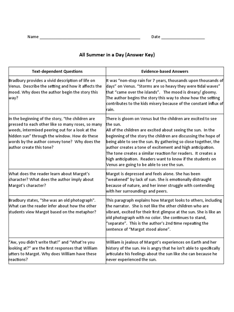 All Summer in a Day: Answer Key | PDF | General Fiction