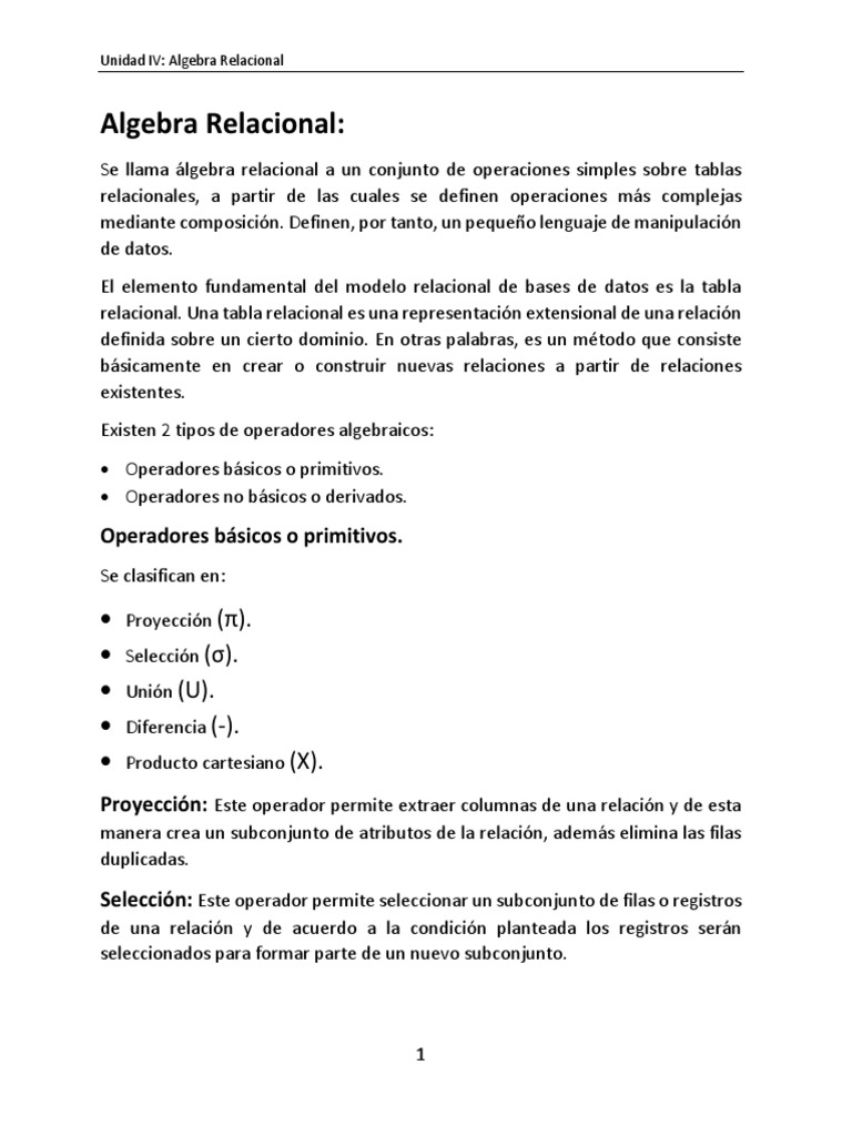 Algebra Relacional | PDF | Base de datos relacional | Modelo de datos