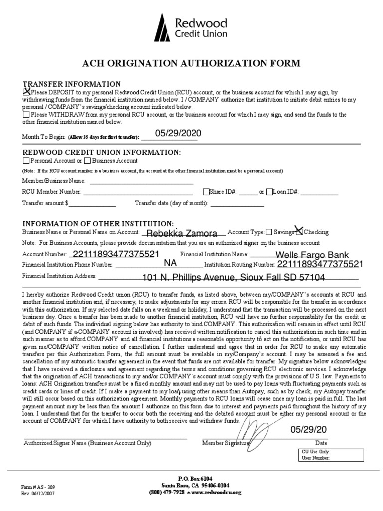 Ach Origination Authorization Form: Transfer Information | PDF ...