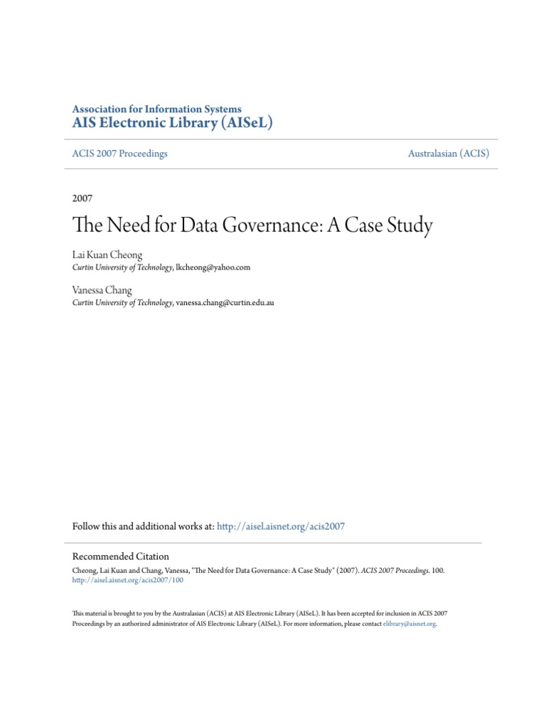 The Need For Data Governance - A Case Study PDF | PDF | Governance ...