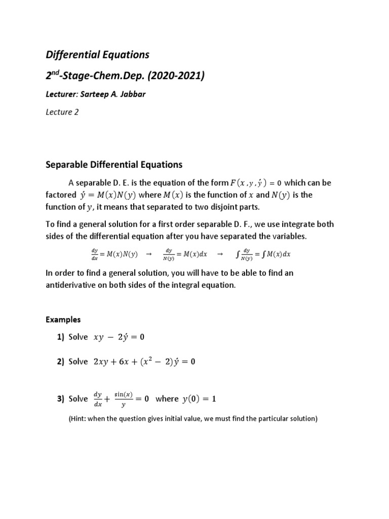Differential Equations 2 - Stage-Chem - Dep. (2020-2021) | PDF ...