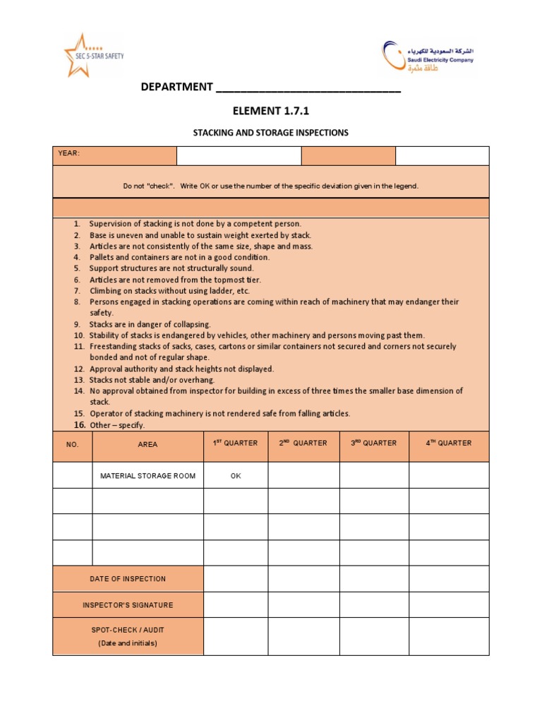 Stacking & Storage Inspection Checklist | PDF | Home & Garden ...