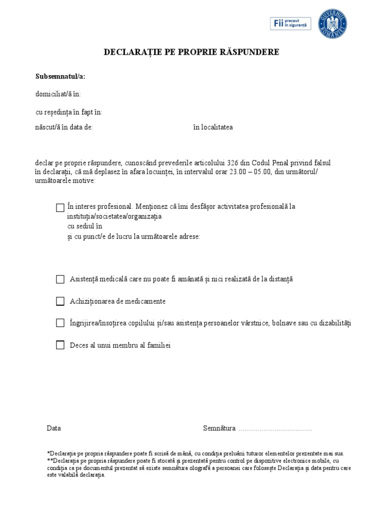 Model Declaratie Proprie Raspundere | PDF