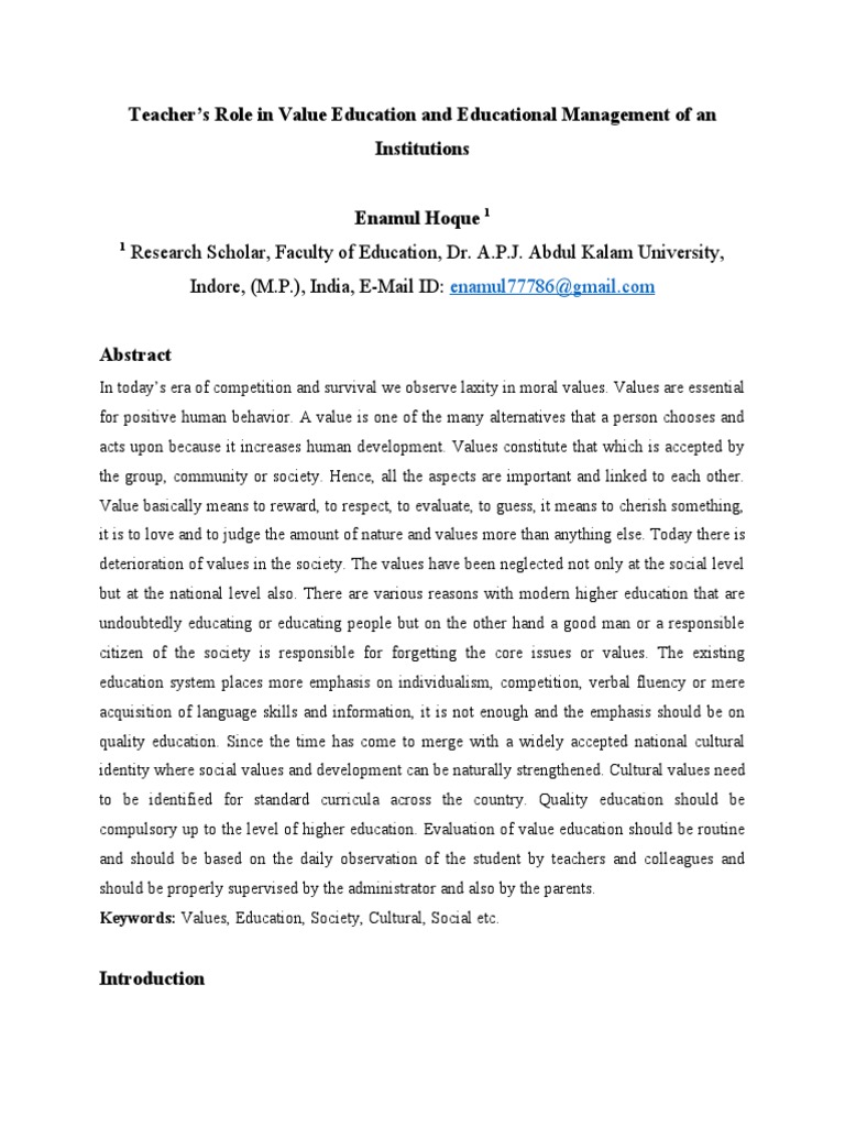 Teacher's Role in Value Education and Educational Management of An ...
