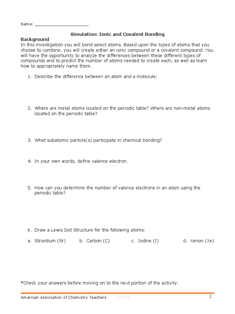 Simulation: Ionic and Covalent Bonding Background: Name | PDF | Valence ...