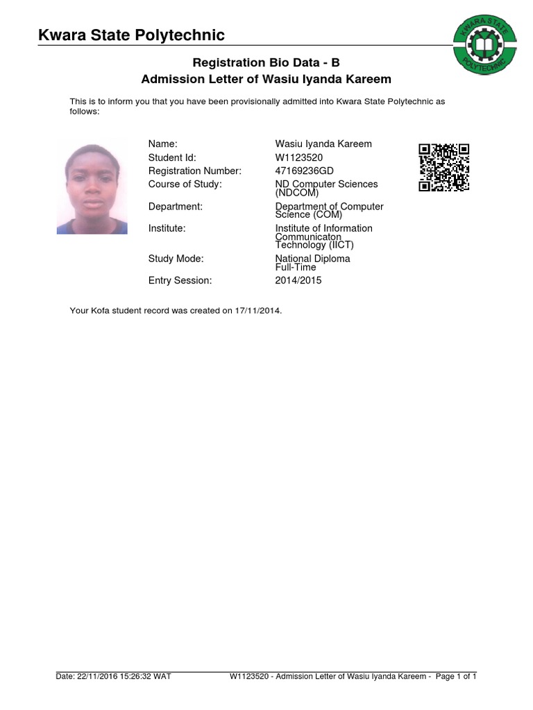 Kwara State Polytechnic: Registration Bio Data - B Admission Letter of ...