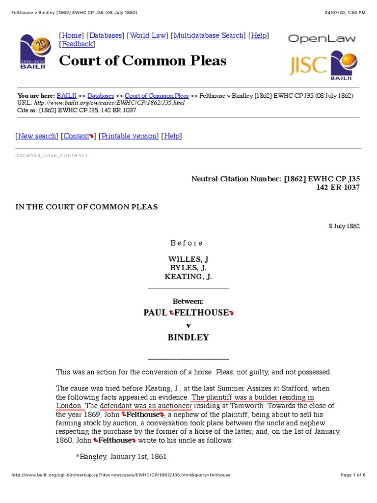 Felthouse V Bindley (1862) EWHC CP J35 (08 July 1862) | PDF | Virtue ...