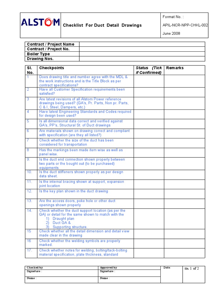 Checklist - Duct Detailing - Non Pressure Parts Drgs - 01 | PDF ...