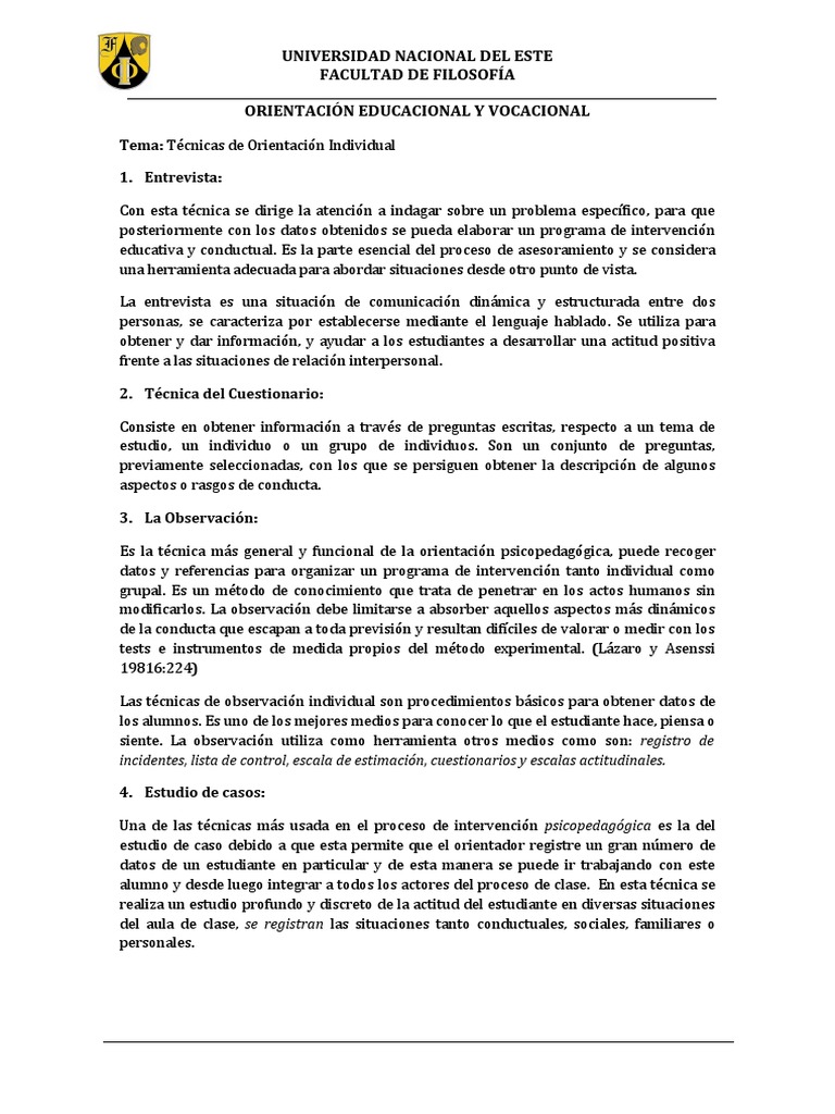 Tecnicas de Orientacion Individual | PDF | Comportamiento | Caso de estudio