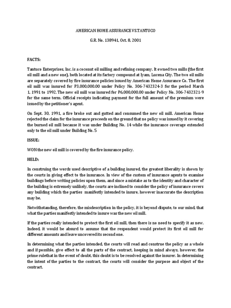 Tantuco Oil Mill Insurance Dispute | PDF | Insurance | Business Law