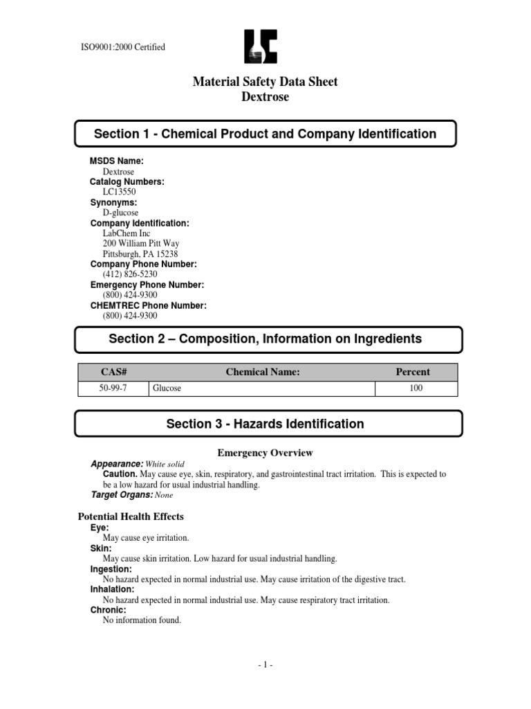 Glucose (Labchem) MSDS | PDF | Personal Protective Equipment | Safety