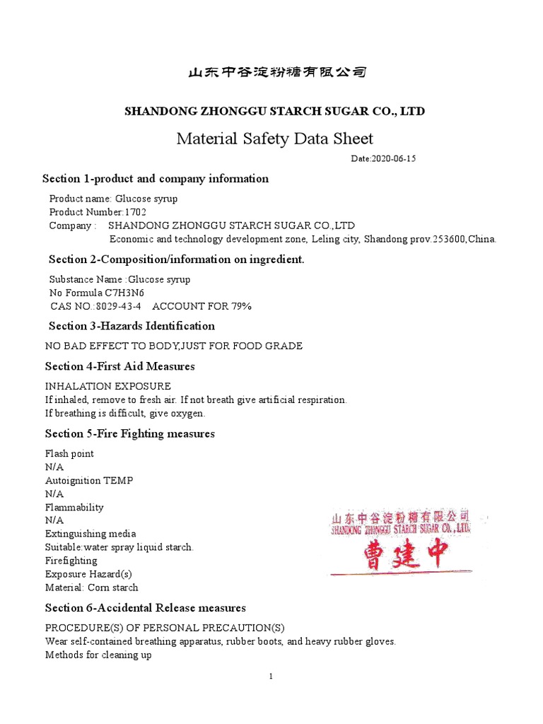 Glucose Syrup MSDS (Shandong Zhonggu) PDF | PDF | Carbon Dioxide | Glucose