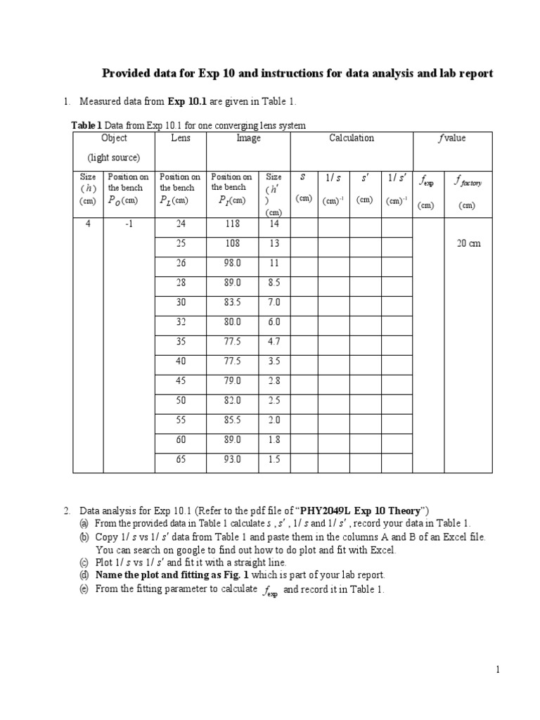 Provided Data For Exp 10 and Instructions For Data Analysis and Lab Report | Download Free PDF ...