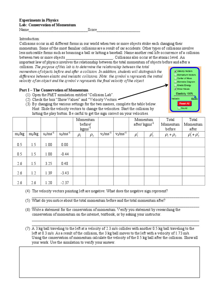 Carlson NSCI695 Guided Inquiry Lab On PhET Sim Collision Lab 2.01 Fill ...