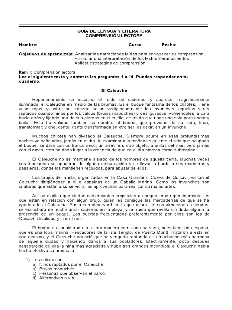 Comprensión Lectora: El Caleuche y Más | PDF | Los juegos del hambre