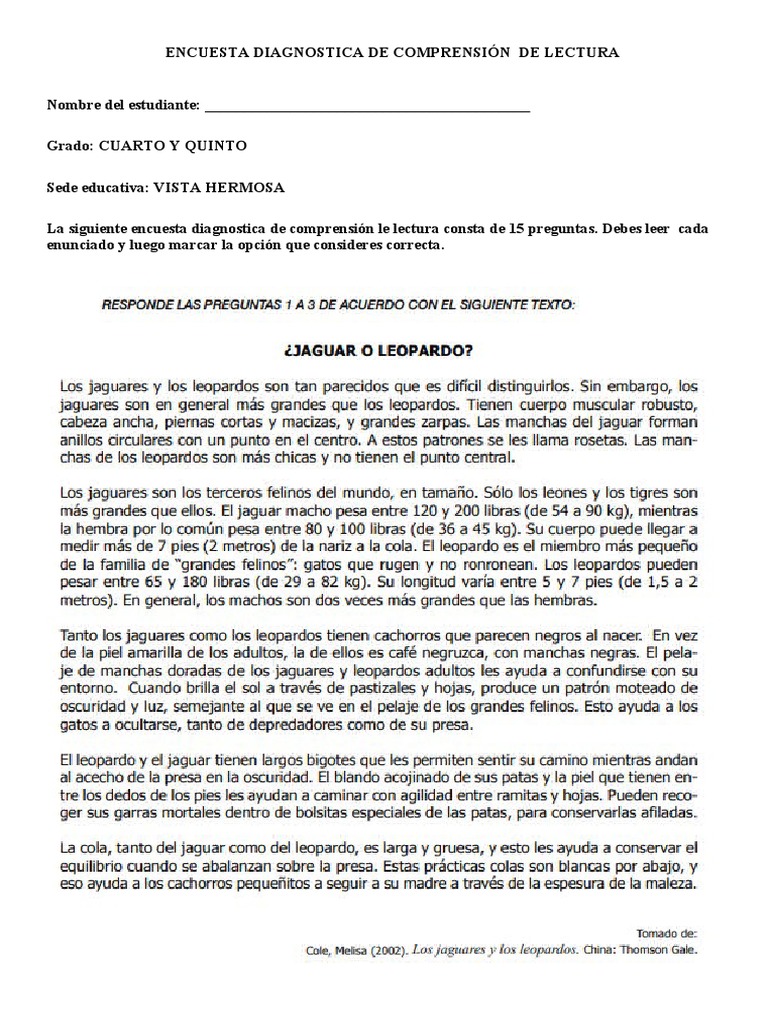 Encuesta Diagnostica de Comprensión de Lectura. 4º y 5º | PDF
