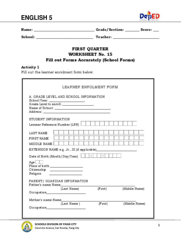 English 5: First Quarter Worksheet No. 15 Fill Out Forms Accurately (School Forms) | PDF ...